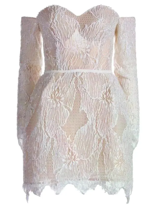 ARAFTU Sequin-embellished Lace-overlay Off-the-shoulder Mini Dress - White