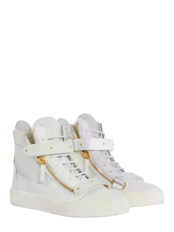 GIUSEPPE ZANOTTI Coby Patent Leather High Top Sneakers With Gold Tone Zippers - White