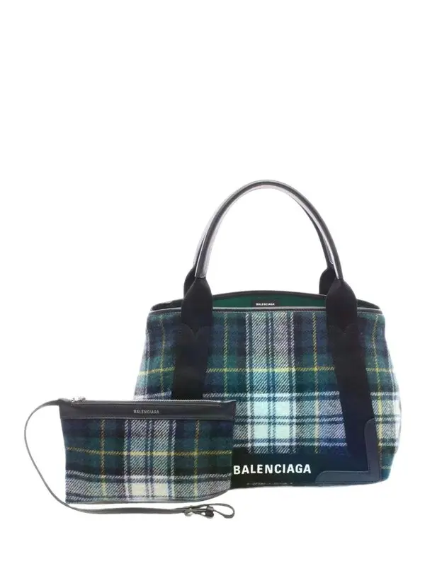 Balenciaga Navy Cabas Tote Bag With Check Pattern - Blue