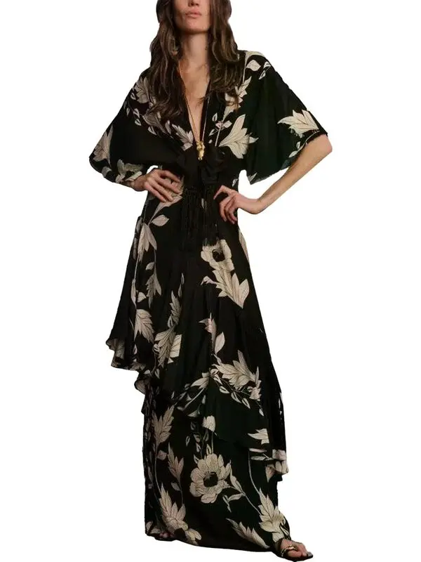 Johanna Ortiz Tesoro Escondido" Floral Print Silk Maxi Dress - Black
