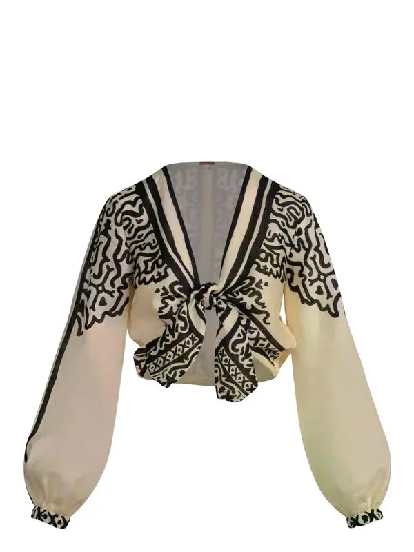 Johanna Ortiz Ecru Linen V-neck Front Tie Cropped Top - Neutrals