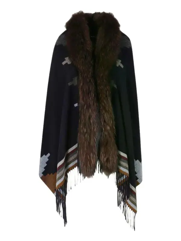 BAZAR DELUXE Geometric Pattern Poncho With Fur Trim - Blue