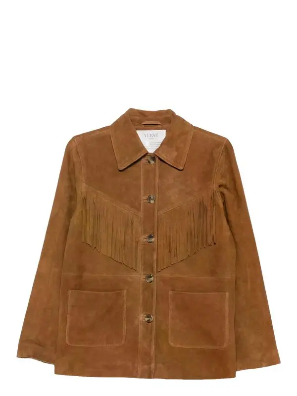 YERSE Suede Fringe Trim Leather Jacket - Brown