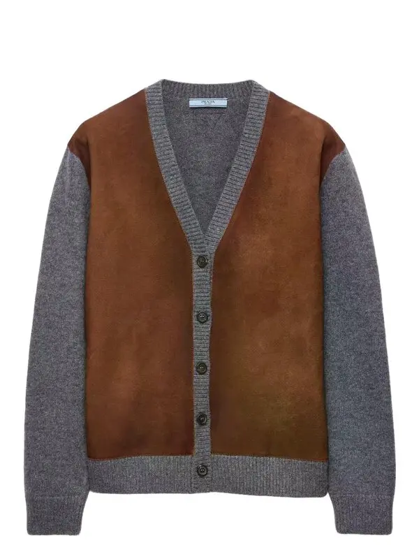 Prada Wool And Suede Cardigan With Logo Detail - Grey