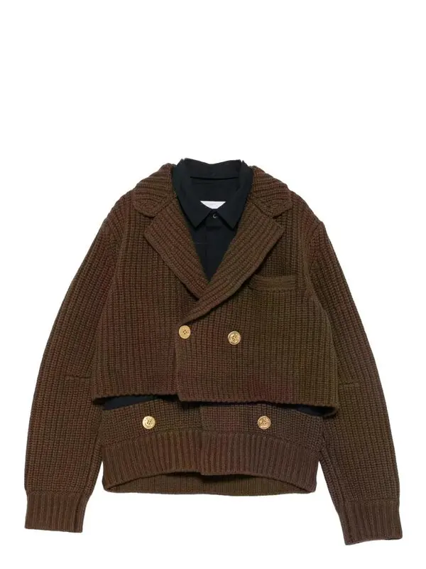 Sacai Double-breasted Layered Knit Coat - Brown