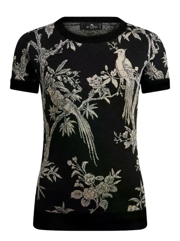 Etro Wool-blend Jacquard T-shirt With Nature Motif - Black