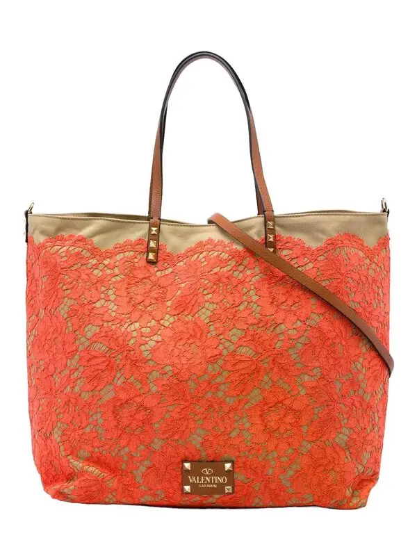 Valentino Garavani Canvas Rockstud Glam Lace Reversible Tote Satchel - Orange