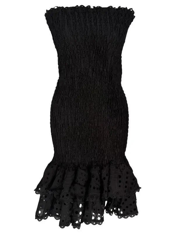 Charo Ruiz Ibiza Eyelet Shirred Bodice Strapless Tiered Ruffled Hem Dress - Black
