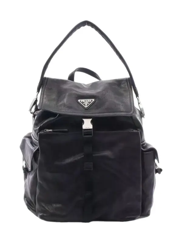 Prada Leather Triangle Logo Backpack - Black