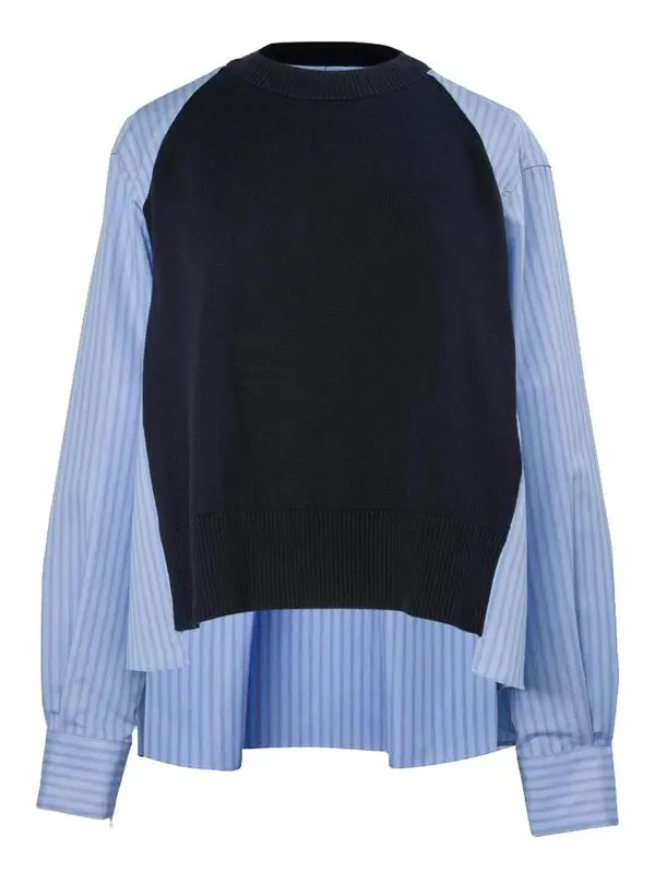 Sacai Poplin & Cotton Knit Pullover With Blue Stripes - Navy