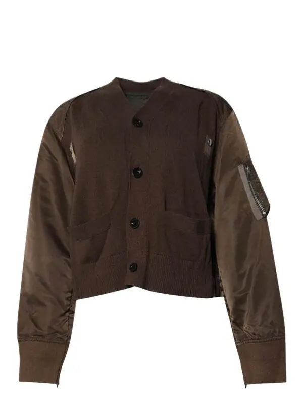 Sacai Nylon Twill & Cotton Knit Cardigan - Brown