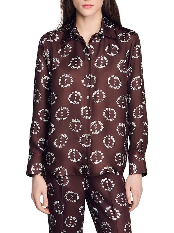Sandro Silk Contrast Trim Shirt - Brown