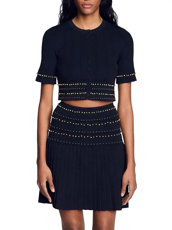 Sandro Oria Cropped Knit Top With Metallic Trim - Black