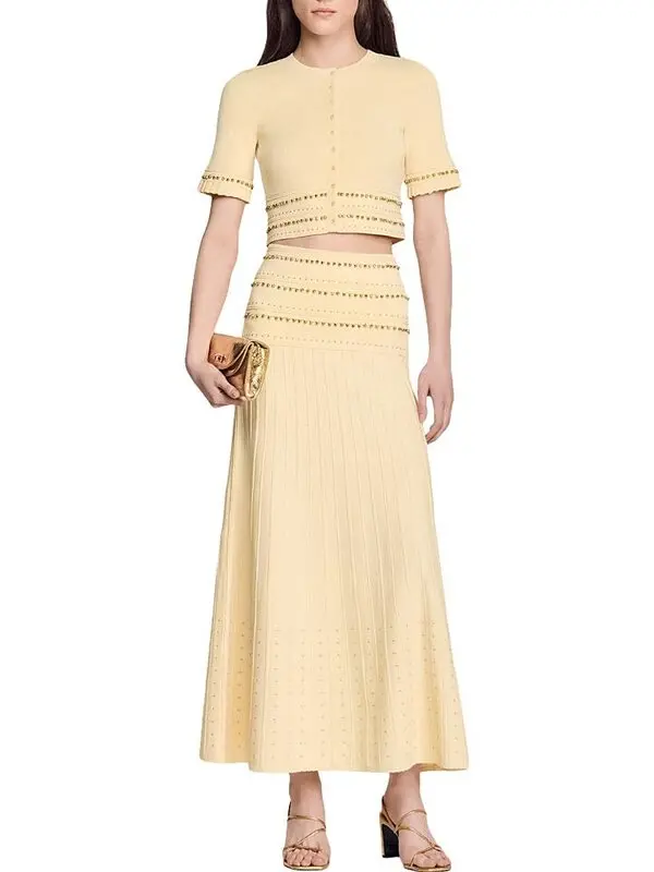 Sandro Oria Cropped Knit Top With Metallic Trim - Vanilla