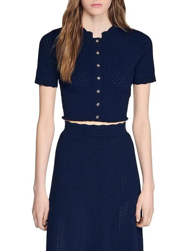Sandro Cropped Pointelle Knit Top With Button Detail - Navy Blue