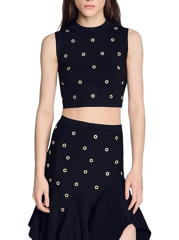 Sandro Bel Studded Knit Cropped Top - Black