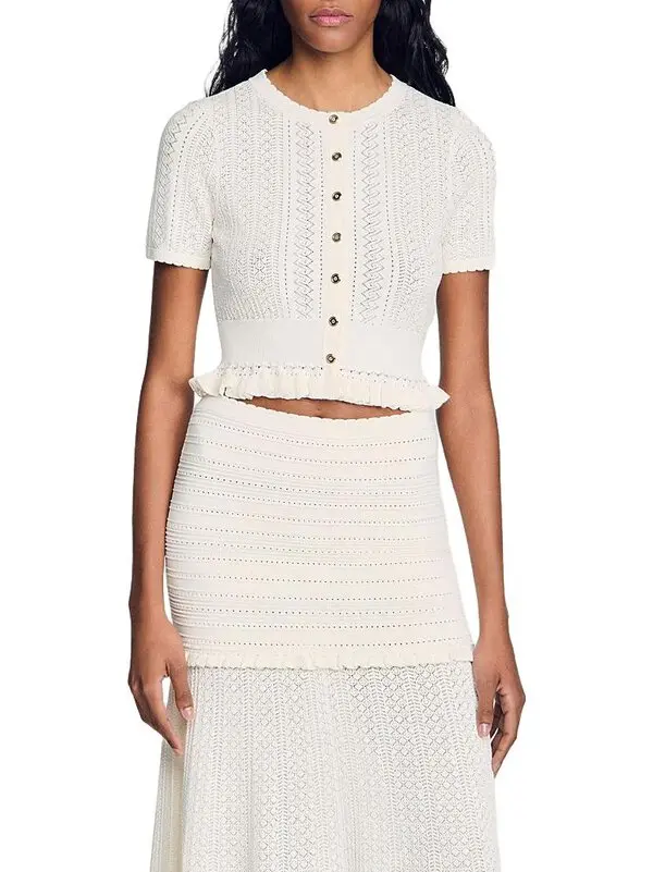Sandro Larane Ruffled Pointelle Knit Top - Ecru