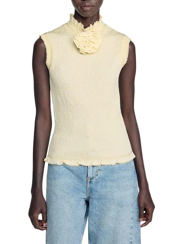 Sandro Smocked Mock Neck Top With Floral Detail - Vanilla