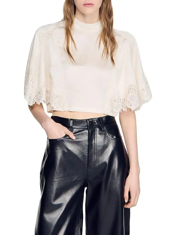 Sandro Voltige Satin Lace Trim Top - Ecru