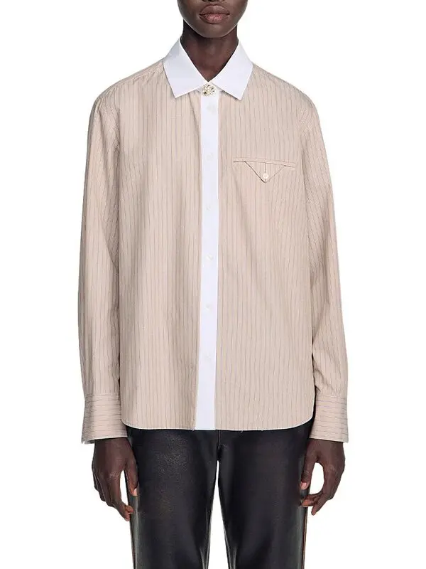 Sandro Natalya Striped Contrast Trim Shirt - Beige