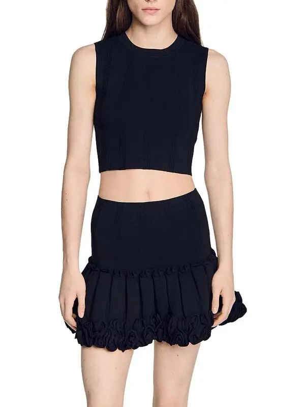 Sandro Cropped Rib Knit Top - Black