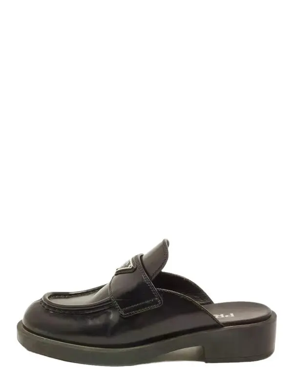 Prada Leather Triangle Logo Loafer Mules - Black