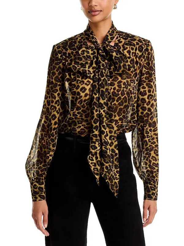 TOCCIN Kaila Sheer Print Tie Neck Blouse - Leopard