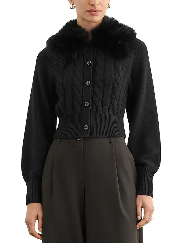 TOCCIN Rita Faux Fur Collar Cable Knit Cardigan - Jet