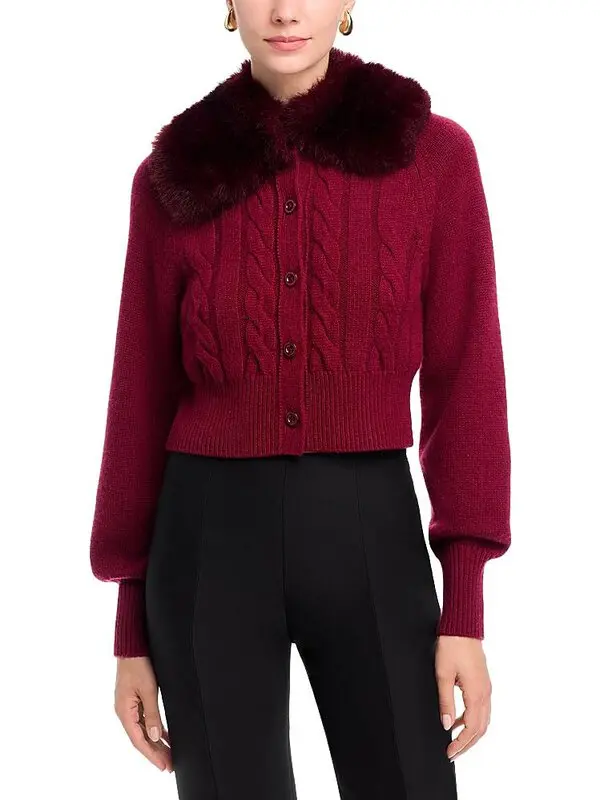 TOCCIN Rita Faux Fur Collar Cable Knit Cardigan - Wine