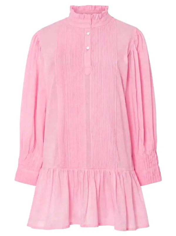PAR Y ESCALA Cotton Mini Dress With Puff Sleeves And Ruffle Hem - Pink