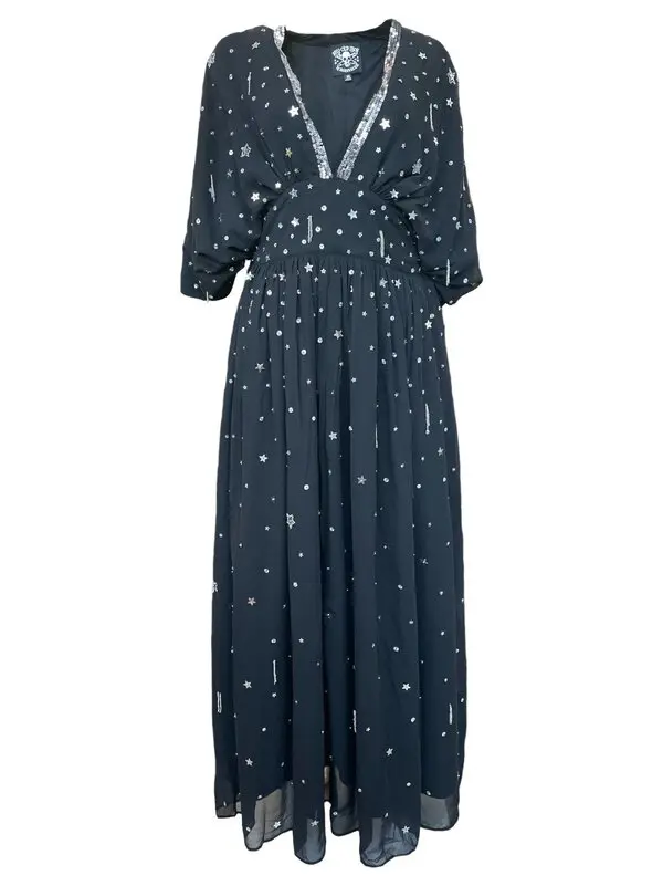 ANY OLD IRON Black / Silver Sequin Shining Star Black Caftan Dress - Black/silver
