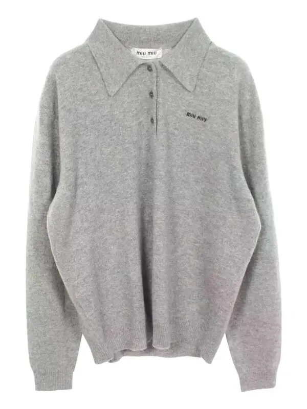 Miu Miu Cashmere Embroidered Logo Polo Shirt - Grey
