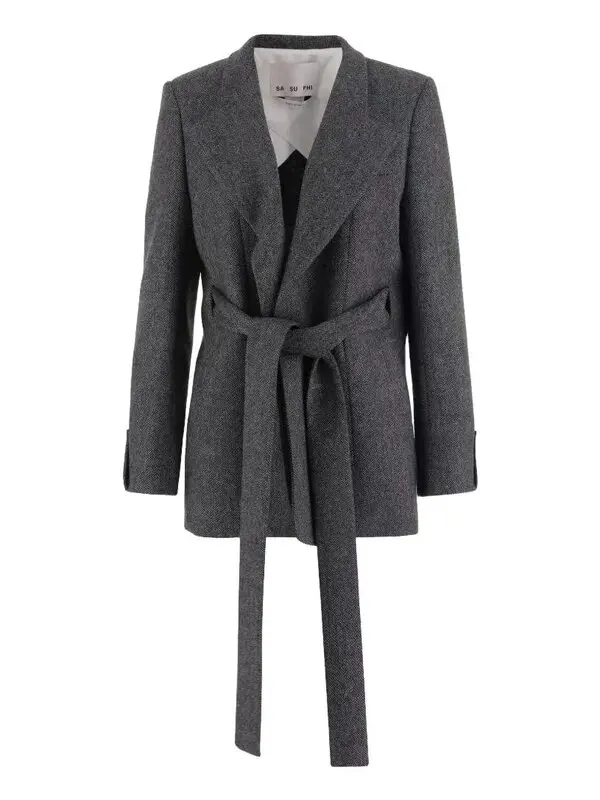 SA SU PHI Belted Herringbone Pattern Tailored Jacket - Grey
