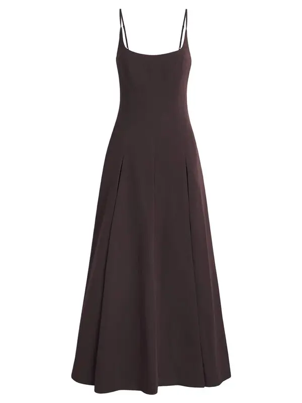 Staud Jill Midi Dress With Square Neck And Pleated Skirt - Brown