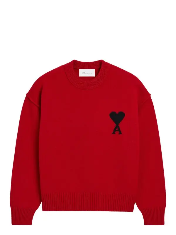 AMI Paris Red Wool De Coeur Crewneck Sweater - Ruby Red/black