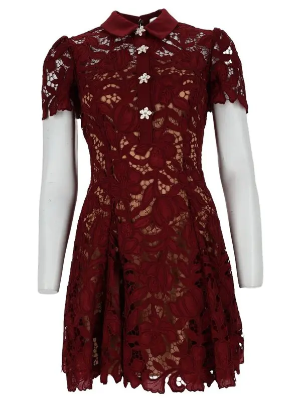 SELF-PORTRAIT Short-sleeve Floral Lace Dress - Bordeaux