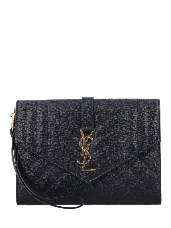 Saint Laurent Quilted Leather Envelope Clutch With Logo - Nero
