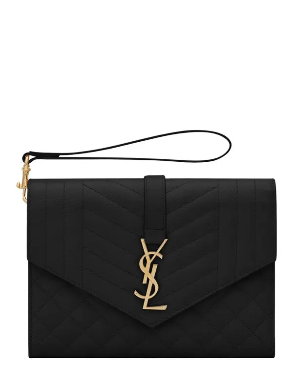 Saint Laurent Quilted Leather Envelope Clutch With Logo - Nero