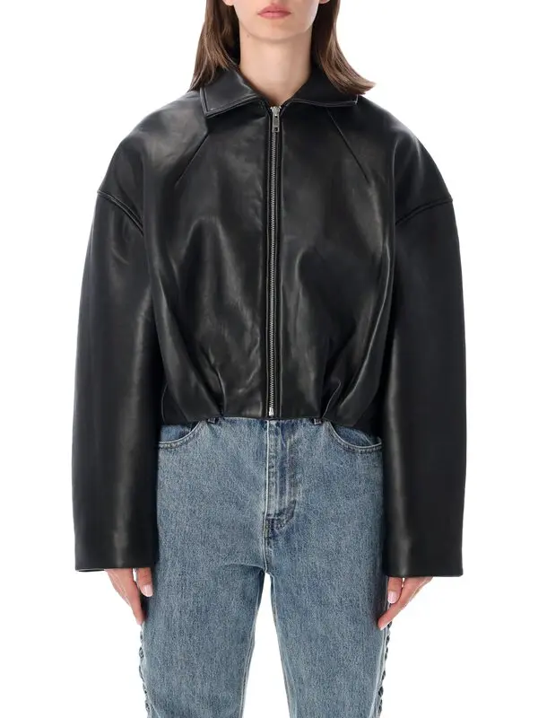 ROTATE BY BIRGER CHRISTENSEN Cropped Leather Zip Jacket - Nero