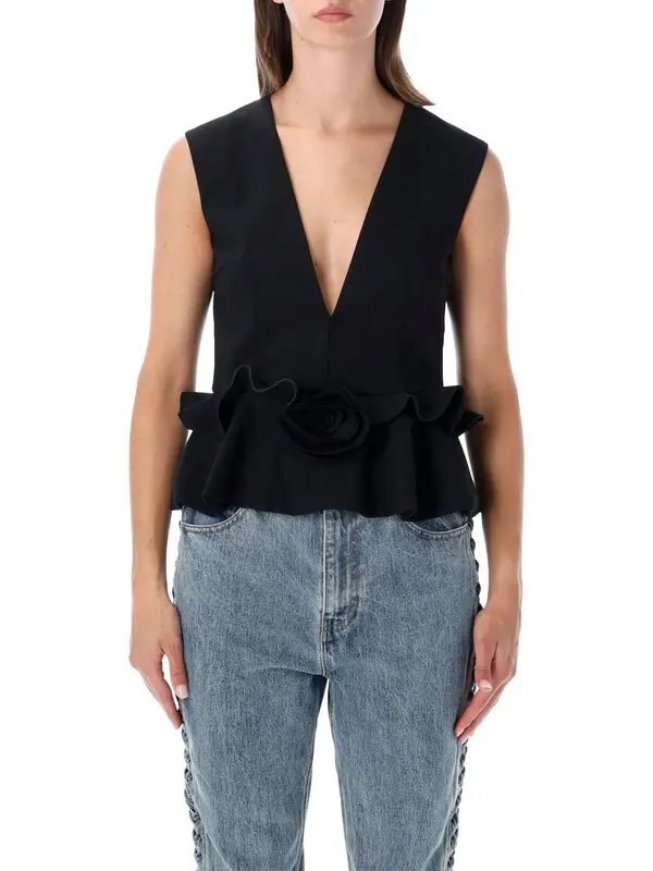 ROTATE BY BIRGER CHRISTENSEN Sleeveless Deep V-neck Peplum Top With Floral Detail - Nero