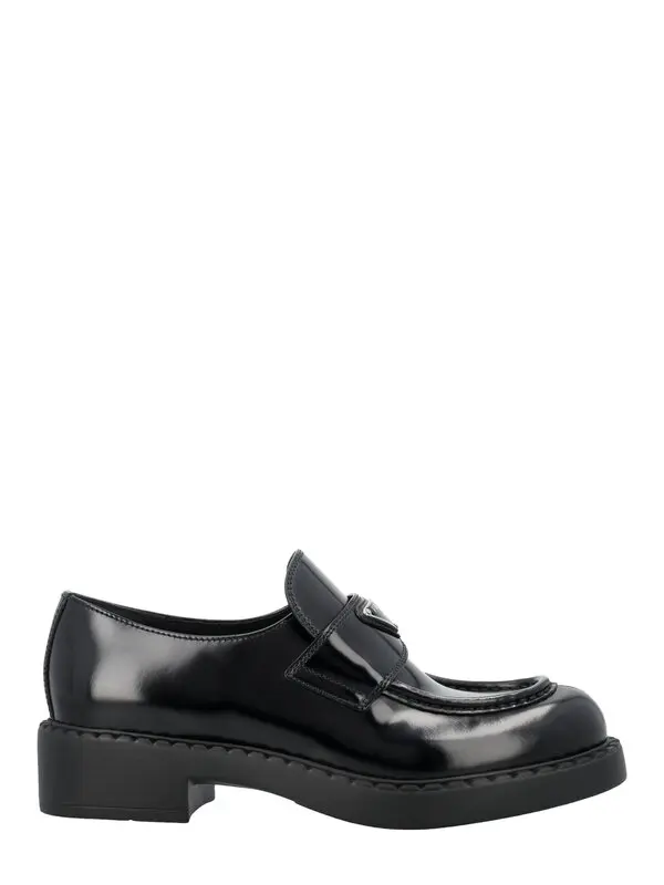 Prada Brushed Leather Loafers With Enamel Triangle Logo - Nero