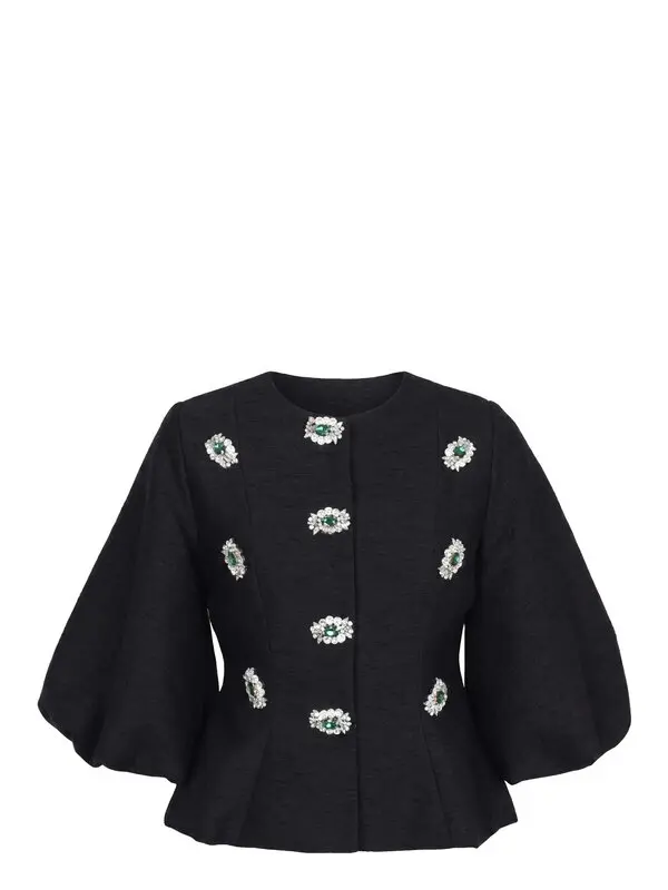 MODENAIRE Embellished Puff Sleeve Textured Jacket - Black
