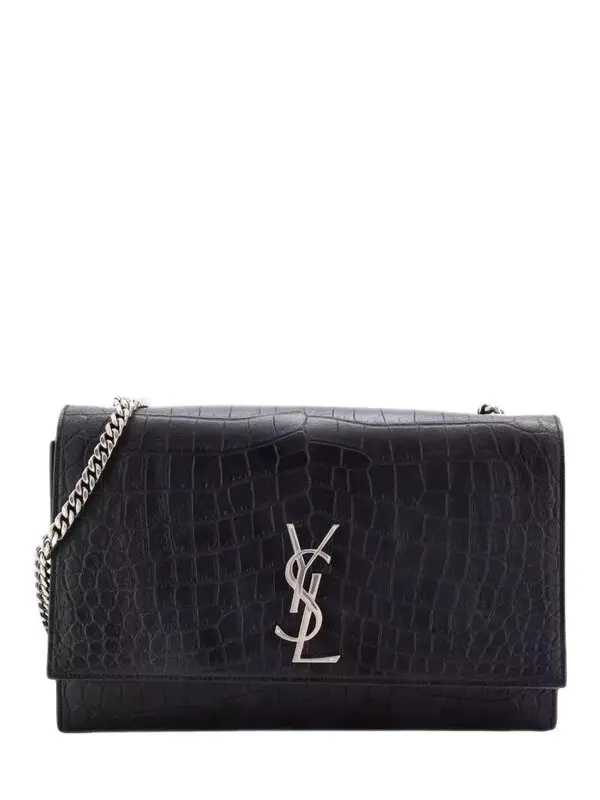Saint Laurent Monogram Crocodile Embossed Leather Crossbody Bag - Black