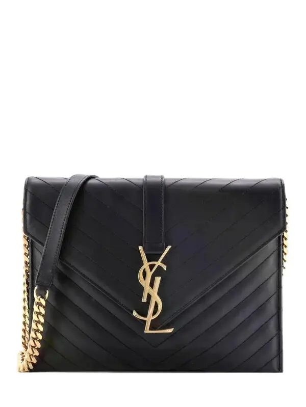 Saint Laurent Classic Monogram Envelope Chain Bag Matelasse Chevron Leather Medium Shoulder Bag - Black