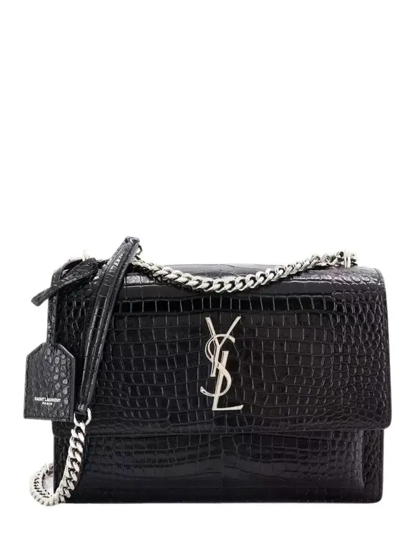 Saint Laurent Sunset Croc Effect Embossed Leather Medium Cross Body Bag - Black
