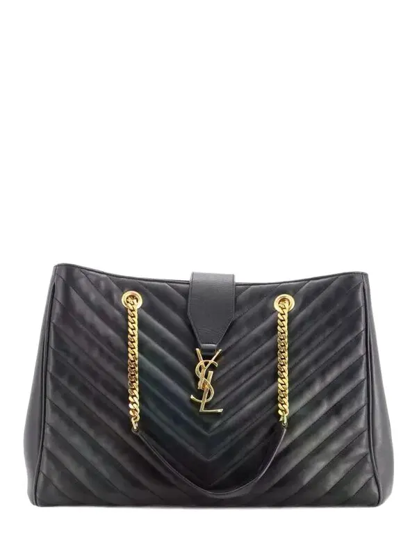 Saint Laurent Classic Monogram Shopper Matelasse Chevron Leather Tote Bag - Black