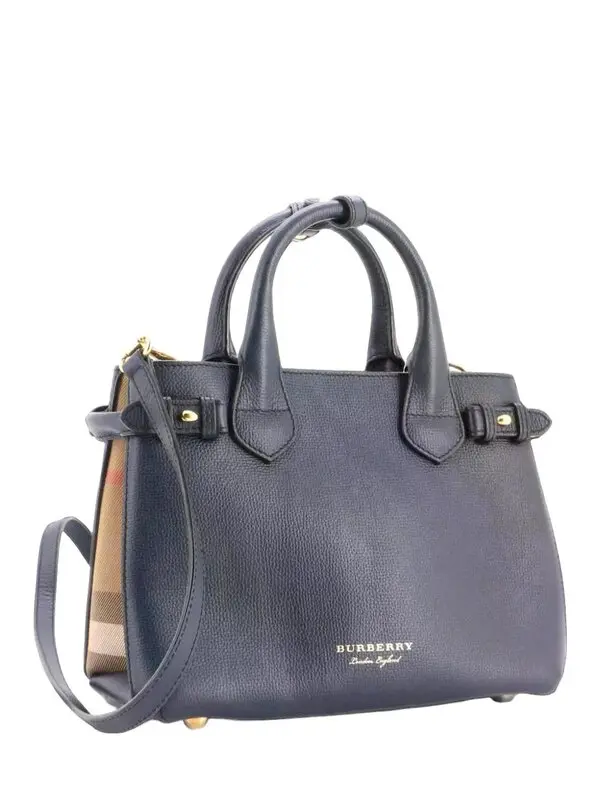 Burberry Banner Leather And House Check Canvas Small Tote Bag - Blue