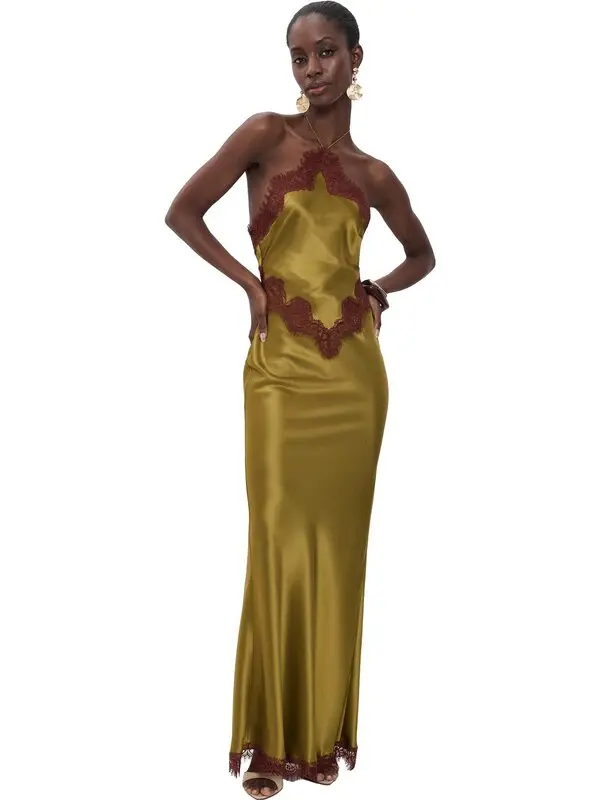 Retrofete Everly Satin Halter Gown - Basil/cigar