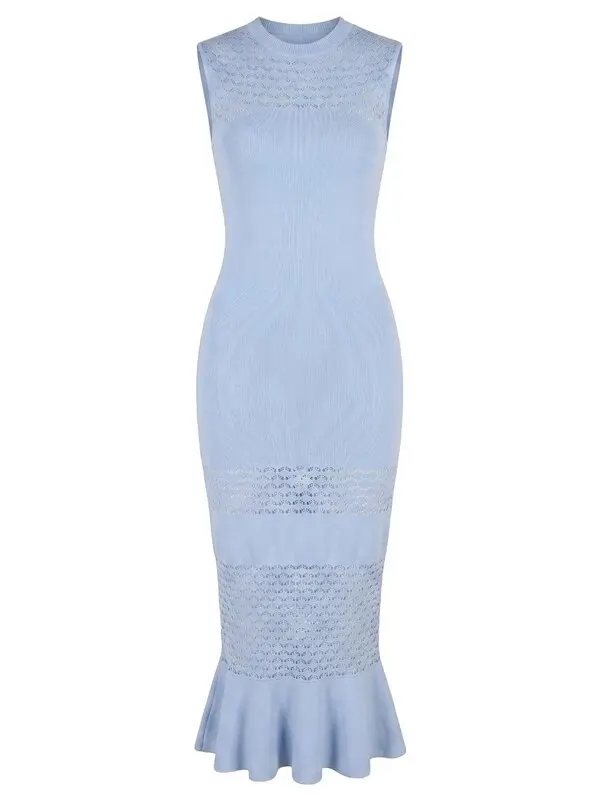 MODENAIRE Sleeveless Knit Dress With Mesh Detail And Flared Hem - Blue