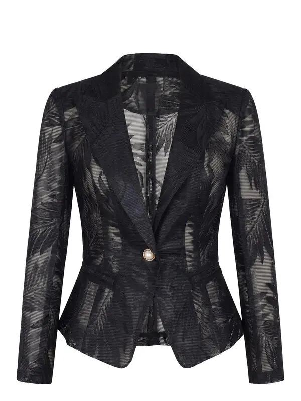 MODENAIRE Sheer Lace Sleeve Tailored Blazer - Black